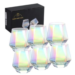 dieweisimi wine glasses set of 6 (10 oz), stemless wine glass for red and white wine, iridescent diamond shaped glassware for whiskey, cocktail, best gift anniversary, wedding, housewarming, birthday