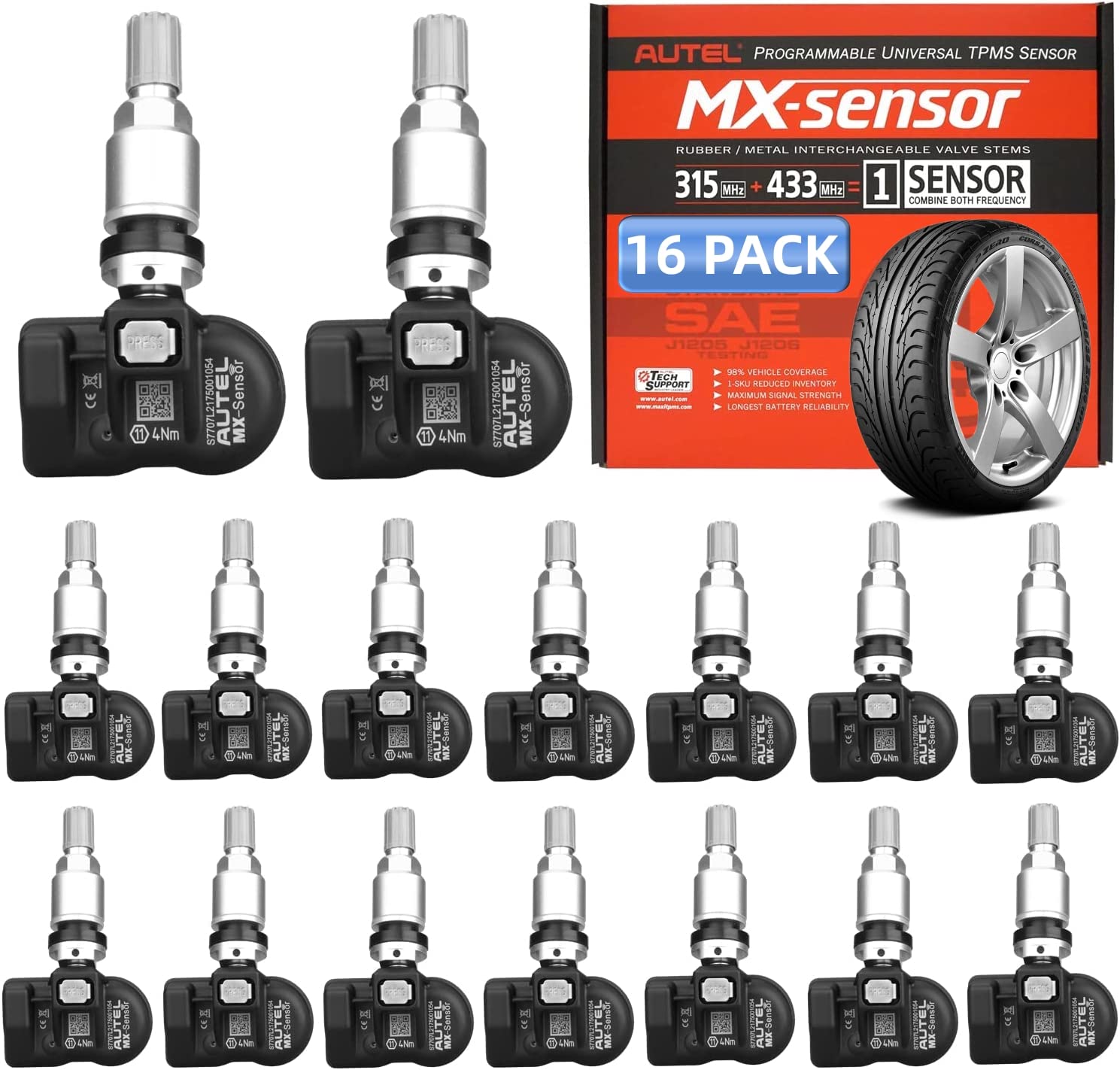 Autel TPMS Sensors 2in1 MX-Sensor 315MHz + 433MHz Press-in Tire Pressure Monitor System Sensor OE-Level TPMS Sensor Programmable by Autel TPMS Tool with TS408 TS508WF TS601, (Metal Stem Set of 16)