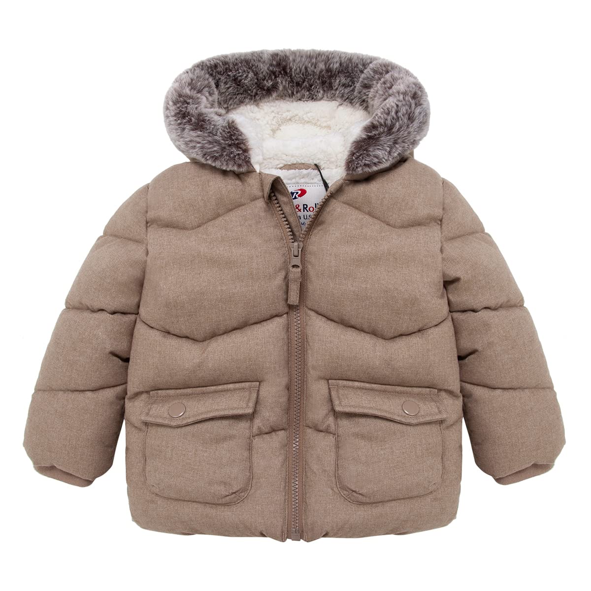 Rokka&Rolla Baby Boys' Sherpa Lined Puffer Jacket Warm Winter Coat with Mini Fur Trim Hood for Newborn Infants Toddler