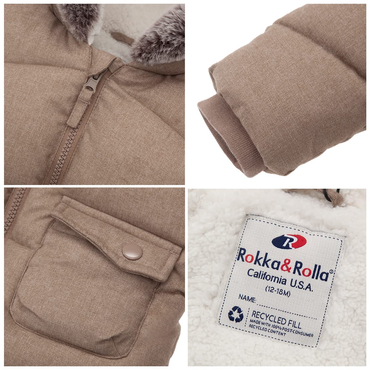 Rokka&Rolla Baby Boys' Sherpa Lined Puffer Jacket Warm Winter Coat with Mini Fur Trim Hood for Newborn Infants Toddler