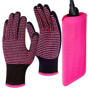 fandamei heat resistant silicone mat pouch for flat iron, straightener, curling iron, heat resistant glove with silicone bumps for hair styling tool, professional heat proof glove mitts rose red