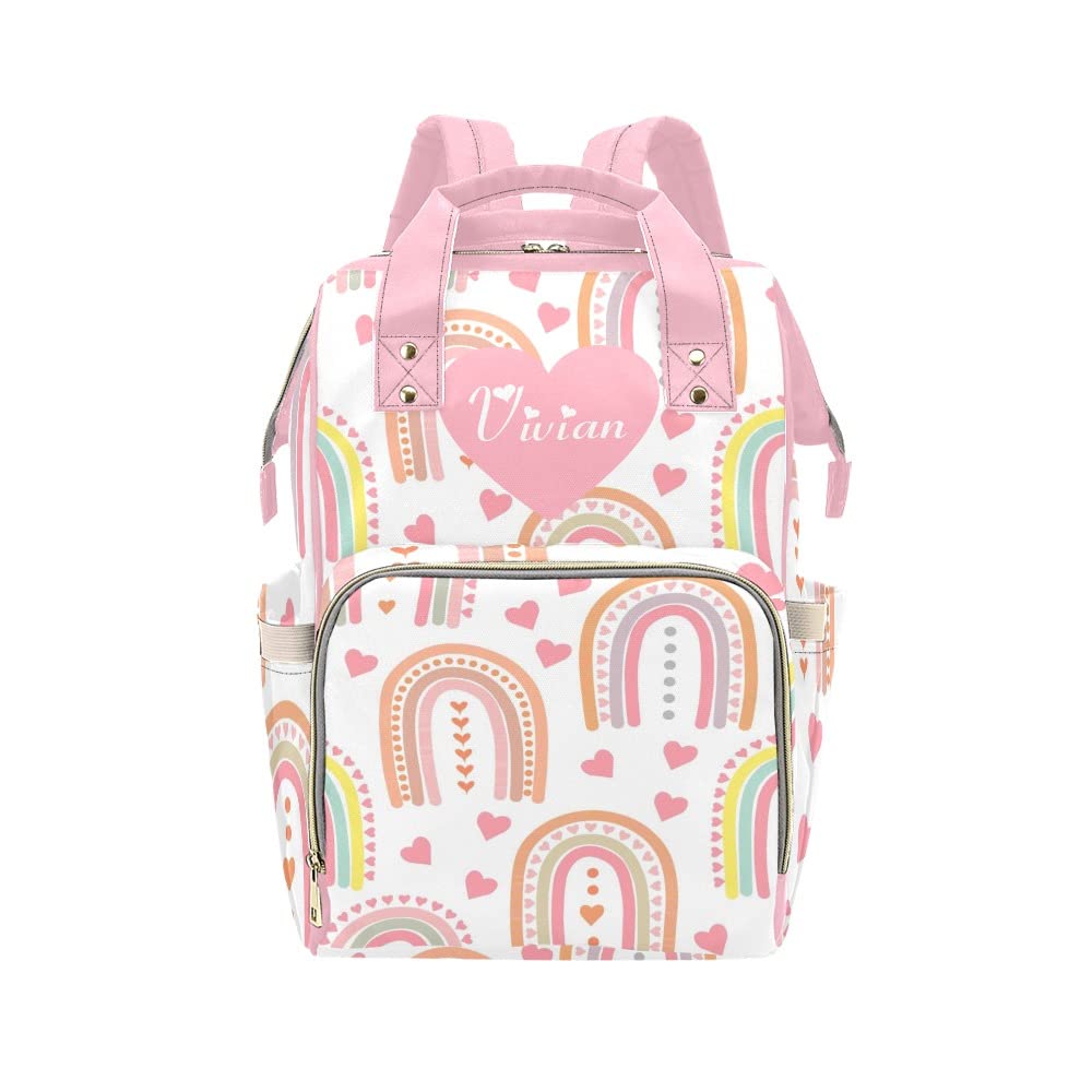 CUXWEOT Pattern Pink Rainbow Heart Diaper Bags Personalized with Name Customized Travel Back Pack Hiking Camping Mum Backpack