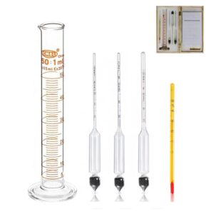 alcohol hydrometer accurate 5 pieces alcoholmeter kit 0-100% (abv) tralle 0-100 for spirits whiskey moonshine distilling liquors testing with 100ml glass test jar carry storage wood box