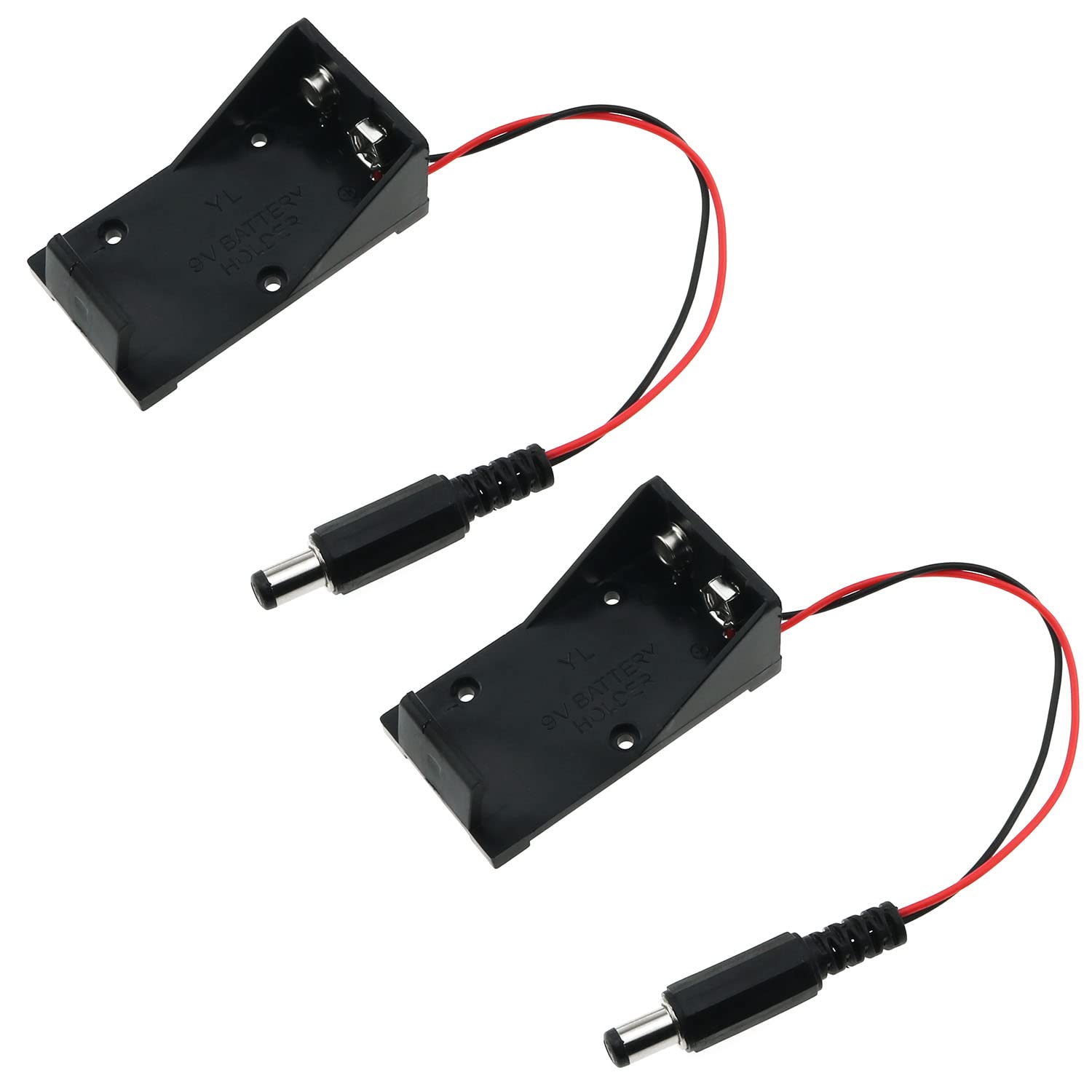 E-outstanding 9V Battery Holder 2PCS Black 6F22 9V Battery Storage Case Box with 2.1x5.5mm DC Male Plug and Wire Leads for Arduino UNO R3 Battery Clip Container