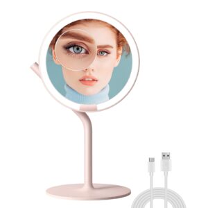 amiro professional 8" led lighted makeup mirror with 5-level brightness, with 5x magnifying small mirror, tabletop rechargeable cosmetic mirror with touch control 180°rotation