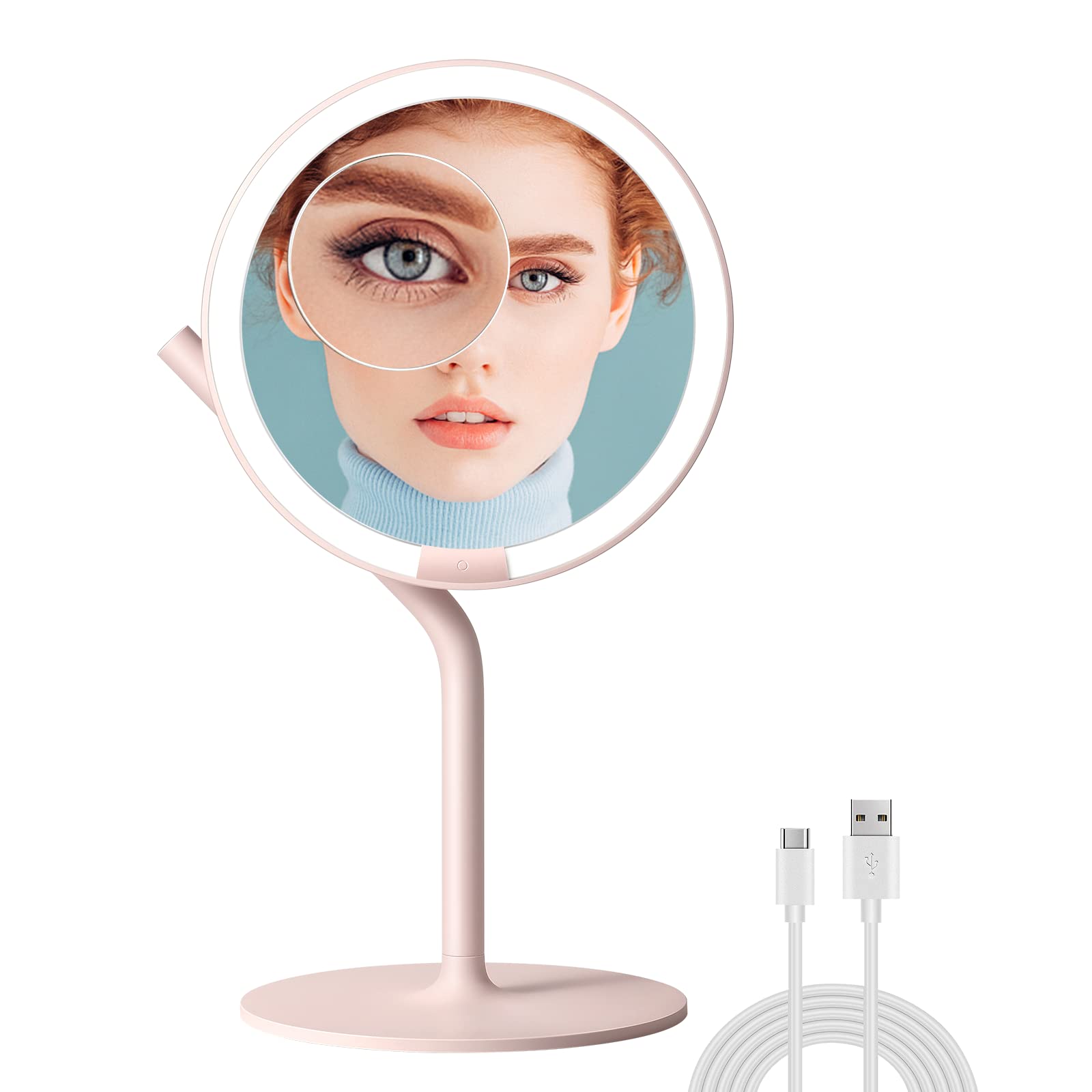 AMIRO Professional 8" LED Lighted Makeup Mirror with 5-Level Brightness, with 5X Magnifying Small Mirror, Tabletop Rechargeable Cosmetic Mirror with Touch Control 180°Rotation