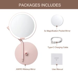 AMIRO Professional 8" LED Lighted Makeup Mirror with 5-Level Brightness, with 5X Magnifying Small Mirror, Tabletop Rechargeable Cosmetic Mirror with Touch Control 180°Rotation