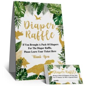 diaper raffle sign & cards, dinosaur themed for baby showers, diaper raffle baby shower game kit (1 standing sign + 50 guessing cards), bring a pack of diapers game