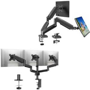 mountup gas spring triple monitor stand + full motion dual monitor desk mount bundle