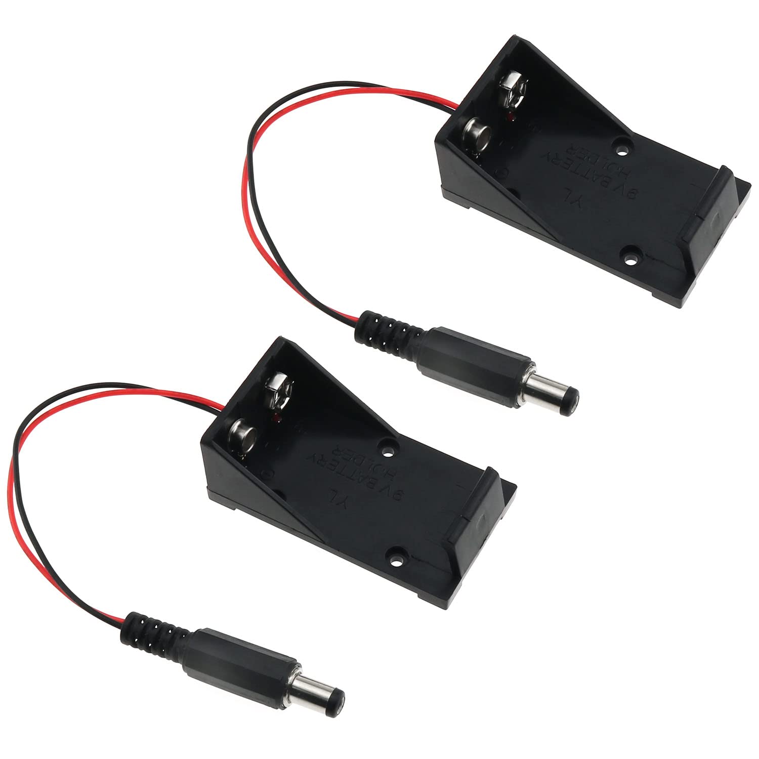 E-outstanding 9V Battery Holder 2PCS Black 6F22 9V Battery Storage Case Box with 2.1x5.5mm DC Male Plug and Wire Leads for Arduino UNO R3 Battery Clip Container