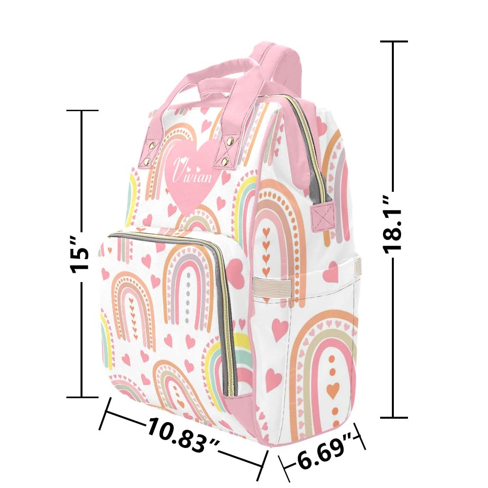 CUXWEOT Pattern Pink Rainbow Heart Diaper Bags Personalized with Name Customized Travel Back Pack Hiking Camping Mum Backpack