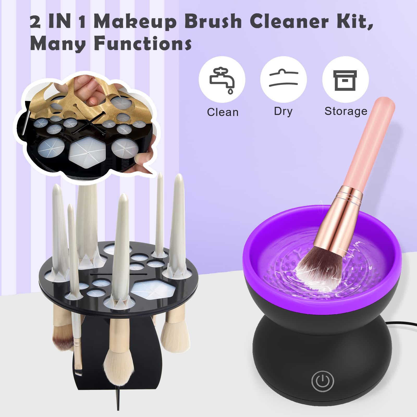 Electric Makeup Brush Cleaner with Drying Rack, Luxiv 2 In 1 Wash&Dry Makeup Brush Cleaner Machine Fit for All Size Brush Automatic Spinner Machine, Makeup Brush Beauty Blender Cleaner (Black+Purple)