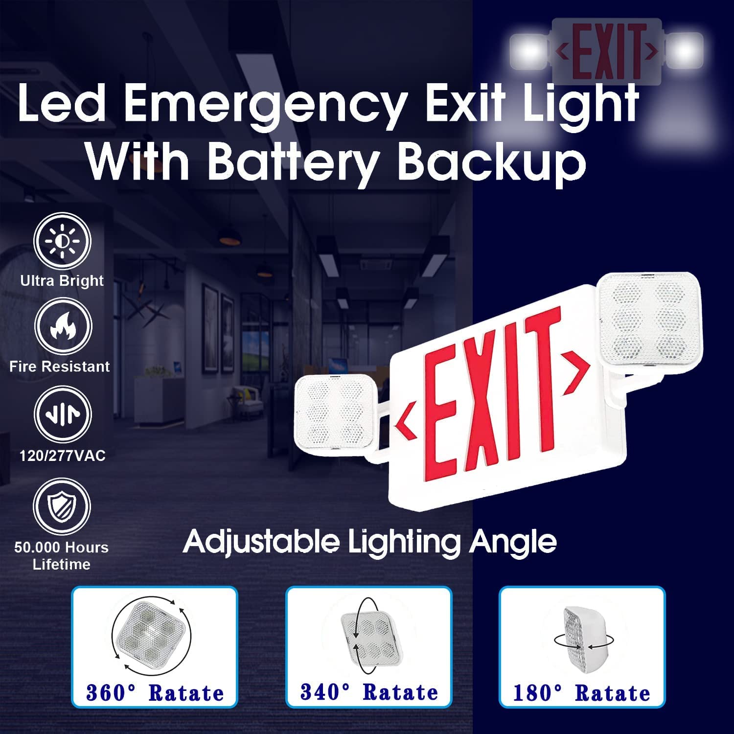 LED Exit Sign with Emergency Light, 90 Minute Battery Backup, 2 Adjustable Head Commercial Lights, Double Sided Red Exit Sign, Fire and Flame Retardant AC 120-277V UL Listed (2-Pack)