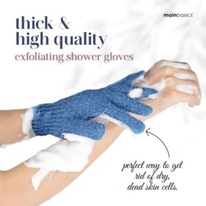 MainBasics Exfoliating Bath Gloves for Shower Heavy-Textured Nylon Fiber Body Exfoliator Scrub Gloves - Hanging Loop, Stretchy Design, Machine Washable (1 Pair, Pigeon Blue)