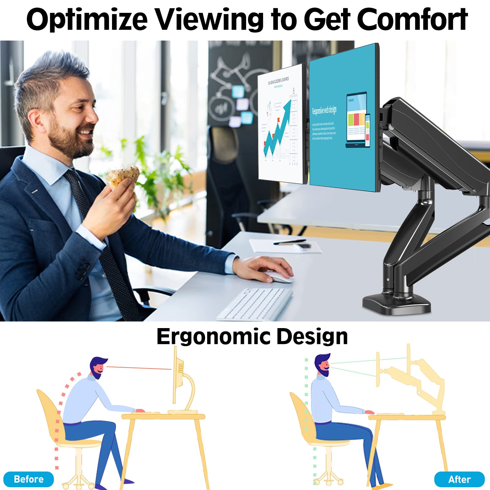 MOUNTUP Gas Spring Triple Monitor Stand + Full Motion Dual Monitor Desk Mount Bundle