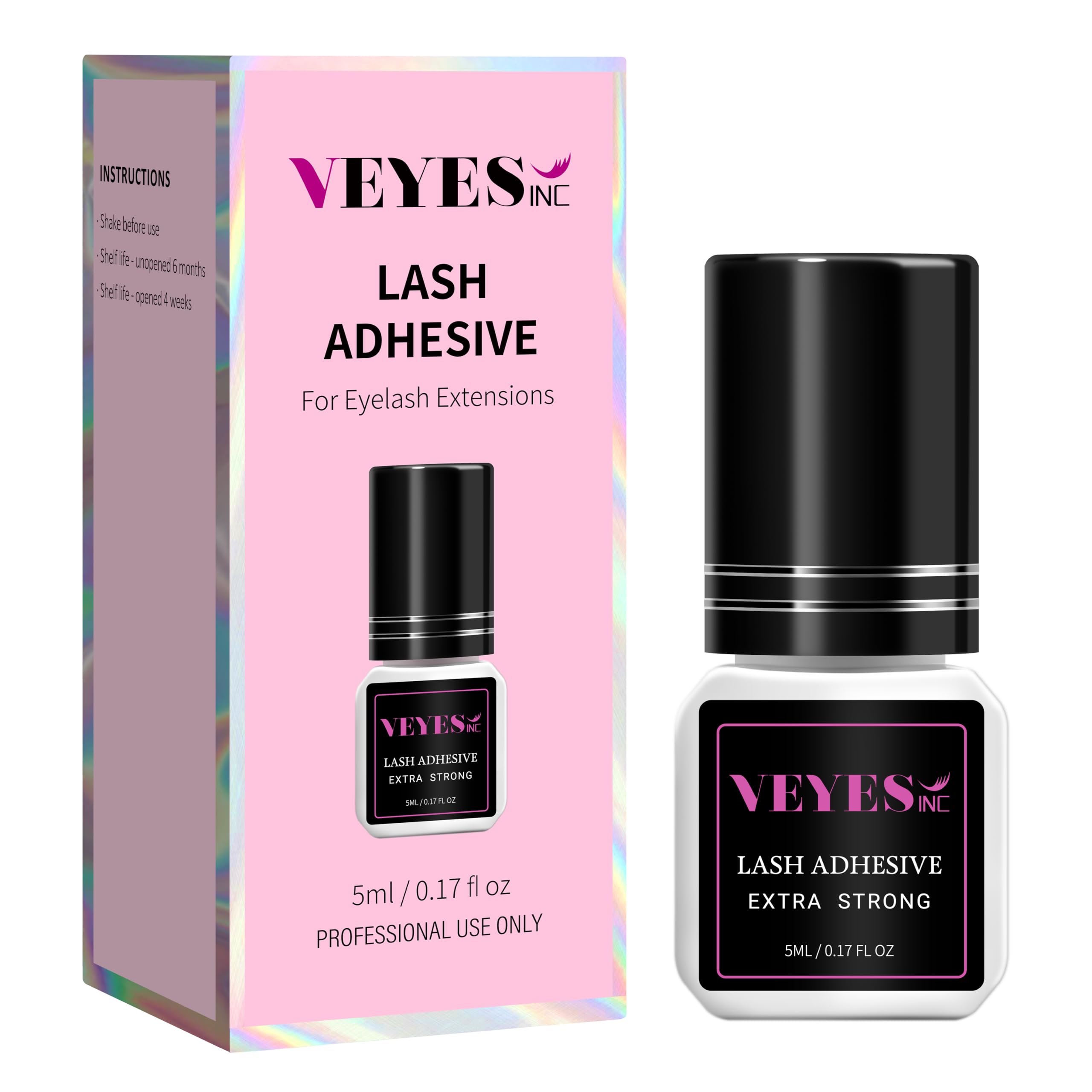 VEYES INC Eyelash Extension Glue - Extra Strong Professional Lash Glue 5ml | 1 Sec Drying time | Retention - 8 Weeks | Black Adhesive for Semi-Permanent Extensions Professional Use Only