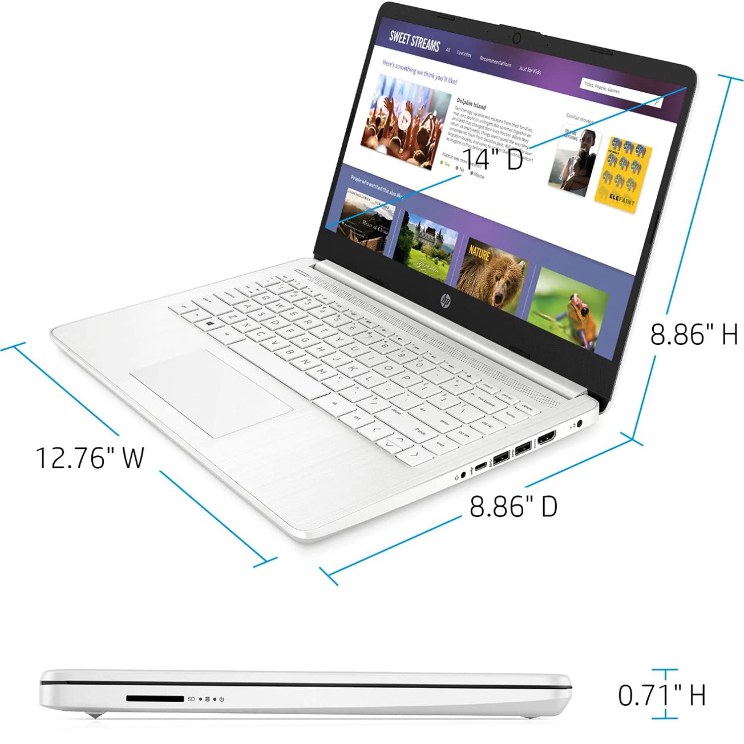 HP 2022 Premium 14-inch HD Thin and Light Laptop, Intel Dual-Core Processor, 16GB RAM, 64GB Storage, Long Battery Life, Webcam, Bluetooth, HDMI, Wi-Fi, White, Windows 11 + 1 Year Microsoft 365