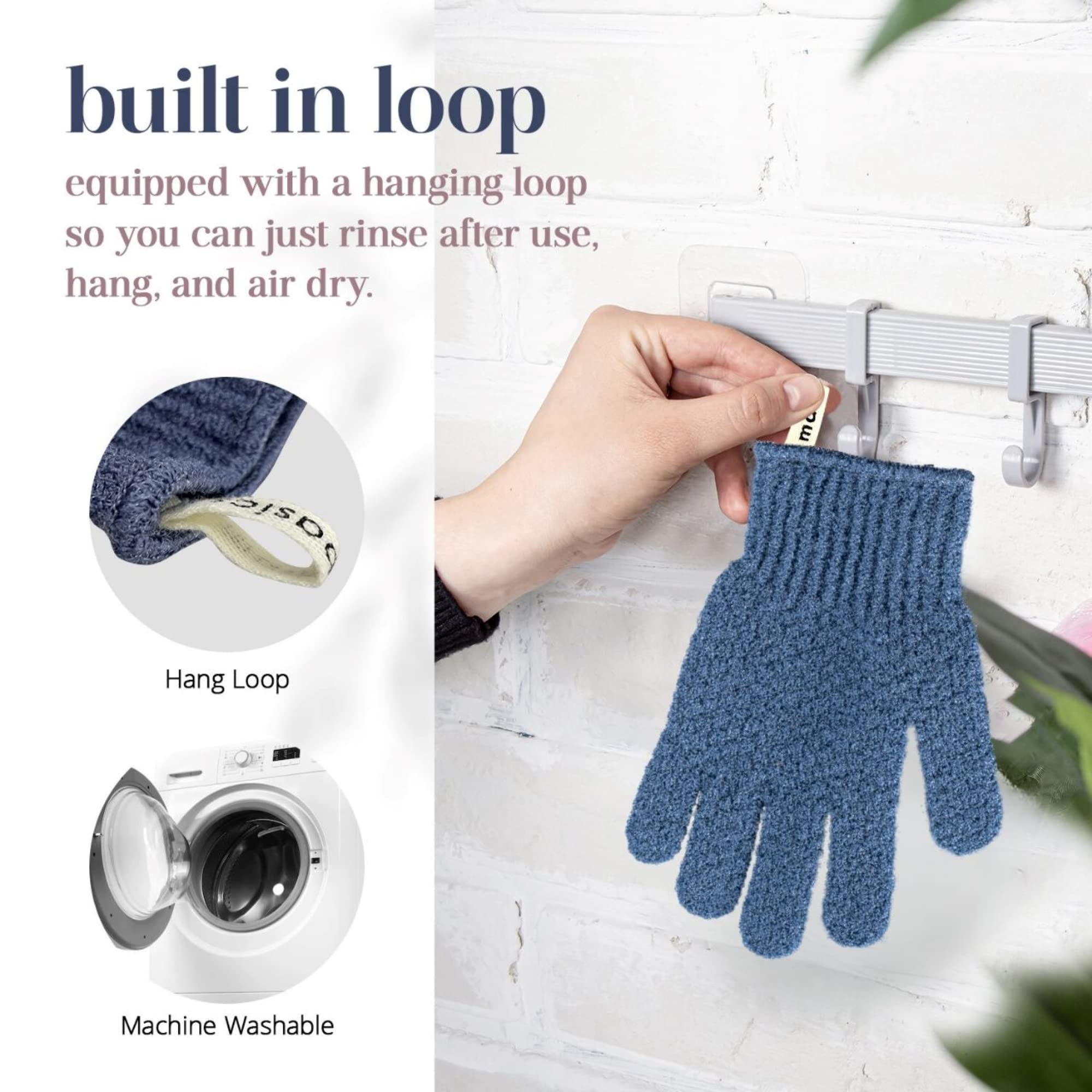 MainBasics Exfoliating Bath Gloves for Shower Heavy-Textured Nylon Fiber Body Exfoliator Scrub Gloves - Hanging Loop, Stretchy Design, Machine Washable (1 Pair, Pigeon Blue)