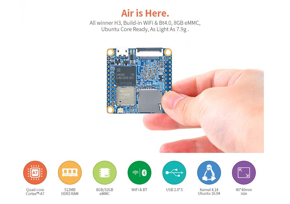 NanoPi NEO Air Open Source Quad-core Cortex-A7 1.2GHz Allwinner H3 Single Board Computer DDR3 WiFi & Bluetooth 4.0 Run Ubuntu Core and U-Boot(512MB RAM+8GB eMMC)