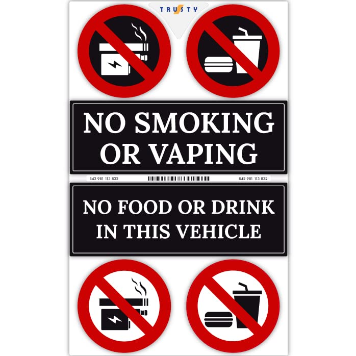 Trusty No Smoking No Vaping No Eating No Food No Drink Sticker Signs for Cars Vehicles (Variety Pack)