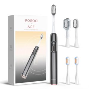 fosoo sonic electric toothbrush for adults, 48000 vpm high power rechargeable toothbrush with 4 premium dupont brush heads, 3 hours fast charge for 180 days, zinc alloy handle, 2 min timer(black)