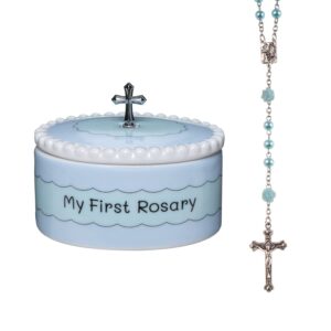 cascade goods - blue my first rosary and keepsake box, catholic baptism gifts for boys, blessed first communion gifts for boys or girl christening from godparents