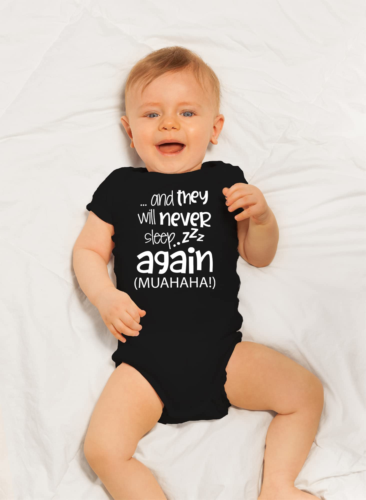 CBTwear And They Will Never Sleep Again Muahaha - Baby Clothes - Funny Newborn Bodysuit Outfits for Boys and Girls (6 Months, Black)