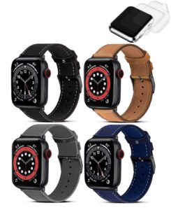 (4 pack) compatible with apple watch band 45mm 44mm 42mm, c.m genuine leather band replacement strap compatible with apple watch series 7/6/5/4/3/8/9/se, brown blue grey black band with black