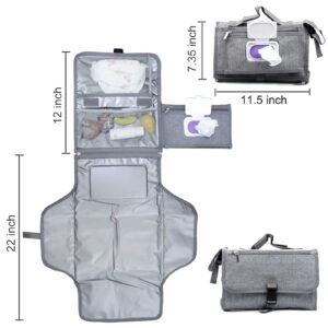 Portable Changing Pad - Detachable Travel Changing Pad with Head Pillow and Baby Wipes Pocket - Fully Padded, Extended Cushioned Portable Diaper Changing Pad, Lightweight & Waterproof Grey