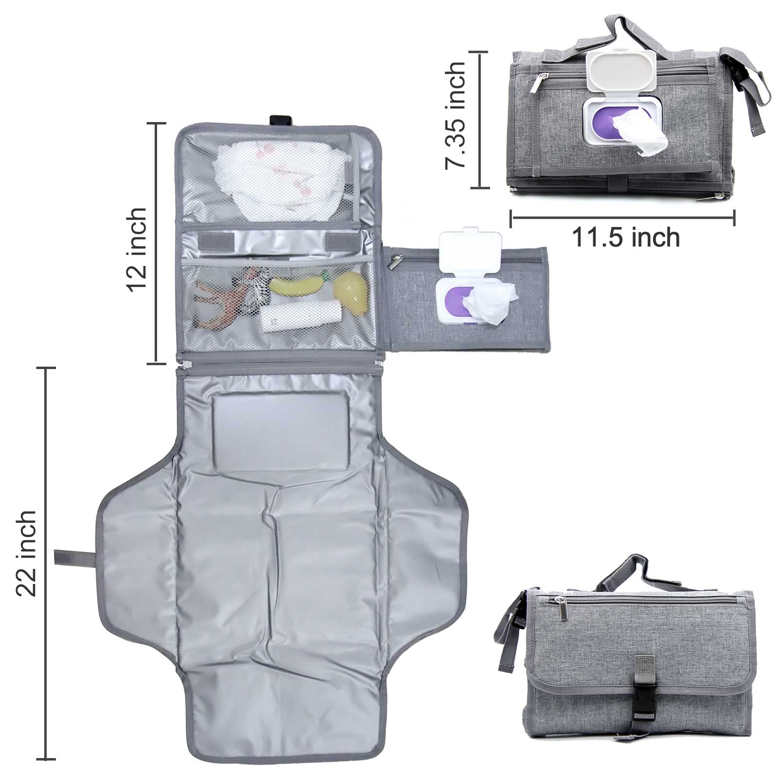 Portable Changing Pad - Detachable Travel Changing Pad with Head Pillow and Baby Wipes Pocket - Fully Padded, Extended Cushioned Portable Diaper Changing Pad, Lightweight & Waterproof Grey