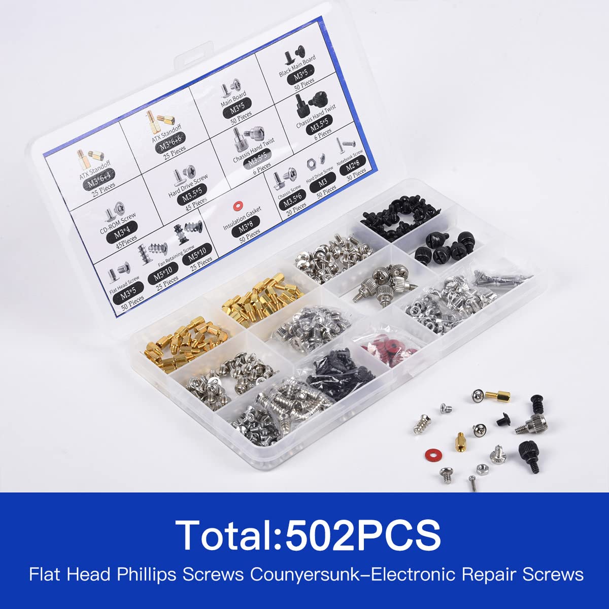 502PC Computer Motherboard Screws Kit, Motherboard Standoffs Screws for Universal HDD Hard Drive, SSD, PC Case, PC Fan, Power Supply, Graphics, CD-ROM, ATX Case, for DIY PC Installation & Repair