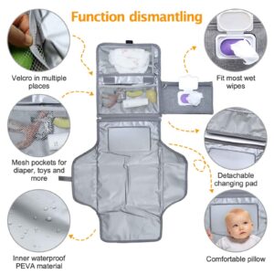 Portable Changing Pad - Detachable Travel Changing Pad with Head Pillow and Baby Wipes Pocket - Fully Padded, Extended Cushioned Portable Diaper Changing Pad, Lightweight & Waterproof Grey