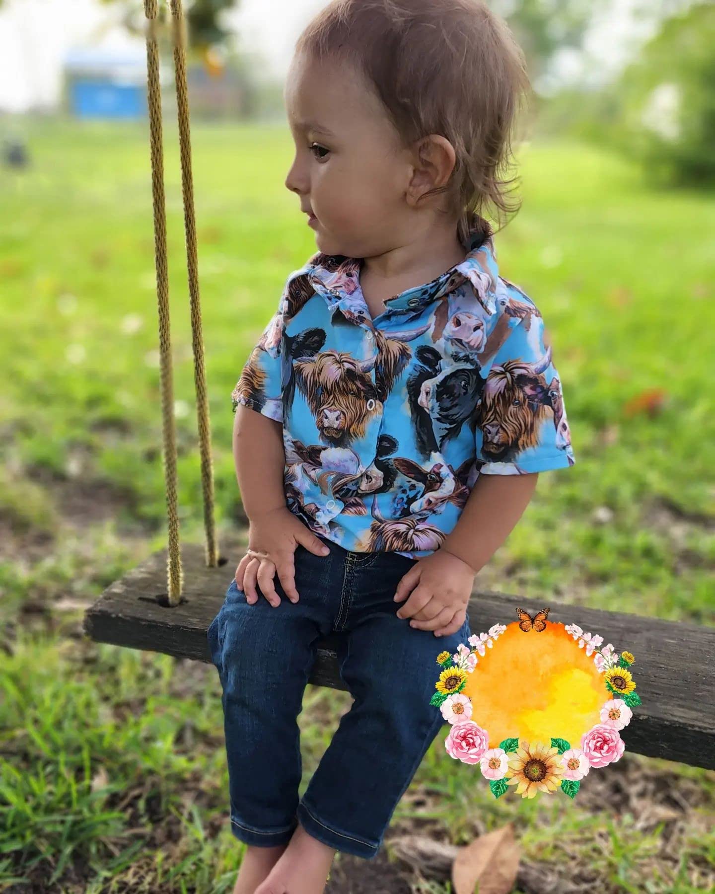 Toddler Kid Baby Boy Button Down Shirt Lapel Neck Short Sleeve Cow Printed T-Shirt Tops Casual Summer Tee 6M-5T (Blue Bull Head, 2-3T)