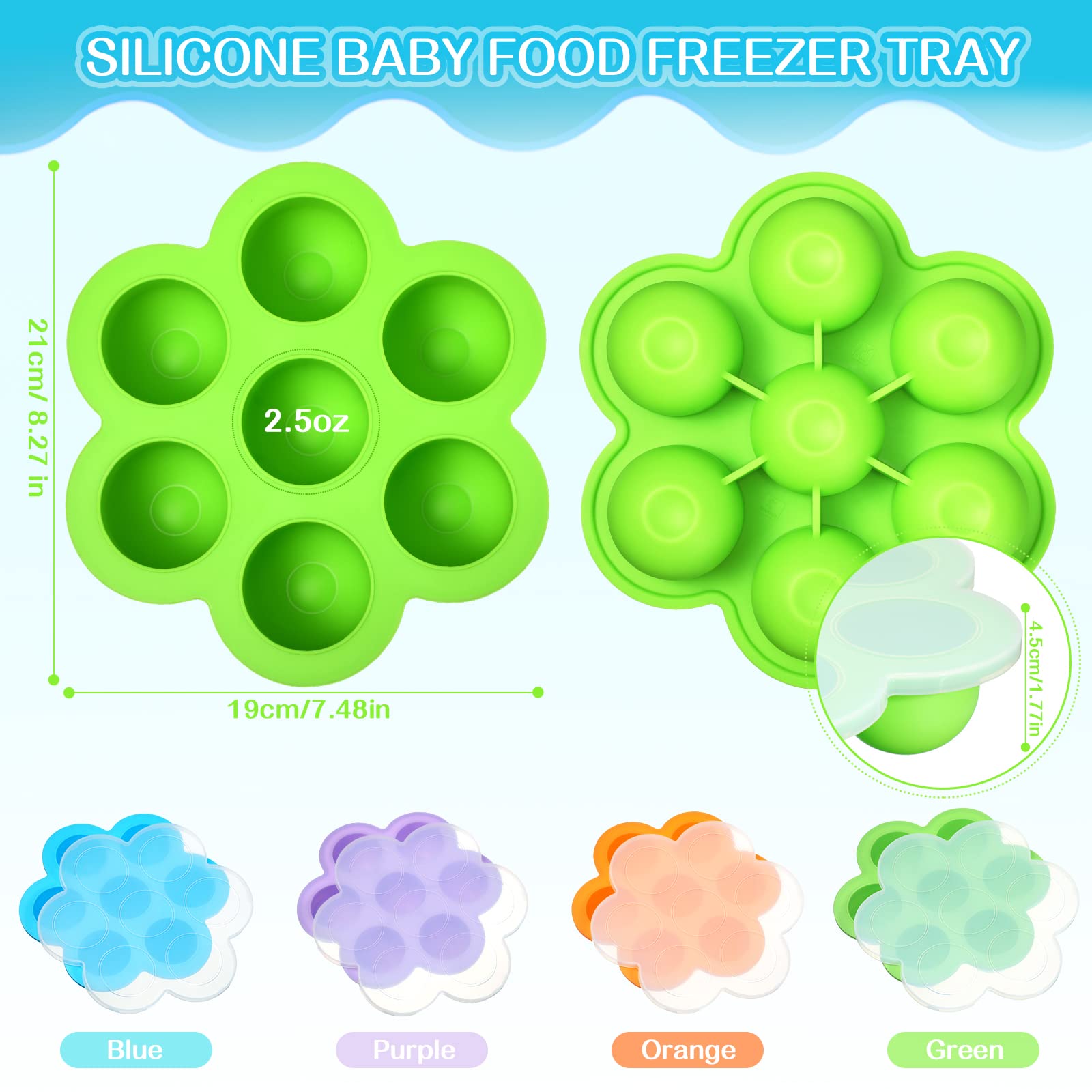 Potchen 4 Pcs Silicone Baby Food Freezer Tray with Lid Stackable Reusable 2.5oz Silicone Baby Food Freezer Molds Storage Tray for Homemade Egg Bite Vegetable Fruit Purees Breastmilk(Colorful)