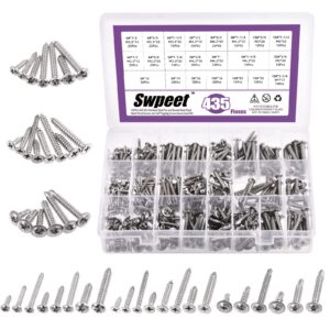 swpeet 435pcs 3 types #6#8#10 sae 304 stainless steel round pan head and phillips flat head self tapping sheet metal screws wood screws with 410 stainless steel truss head fast self tapping screws