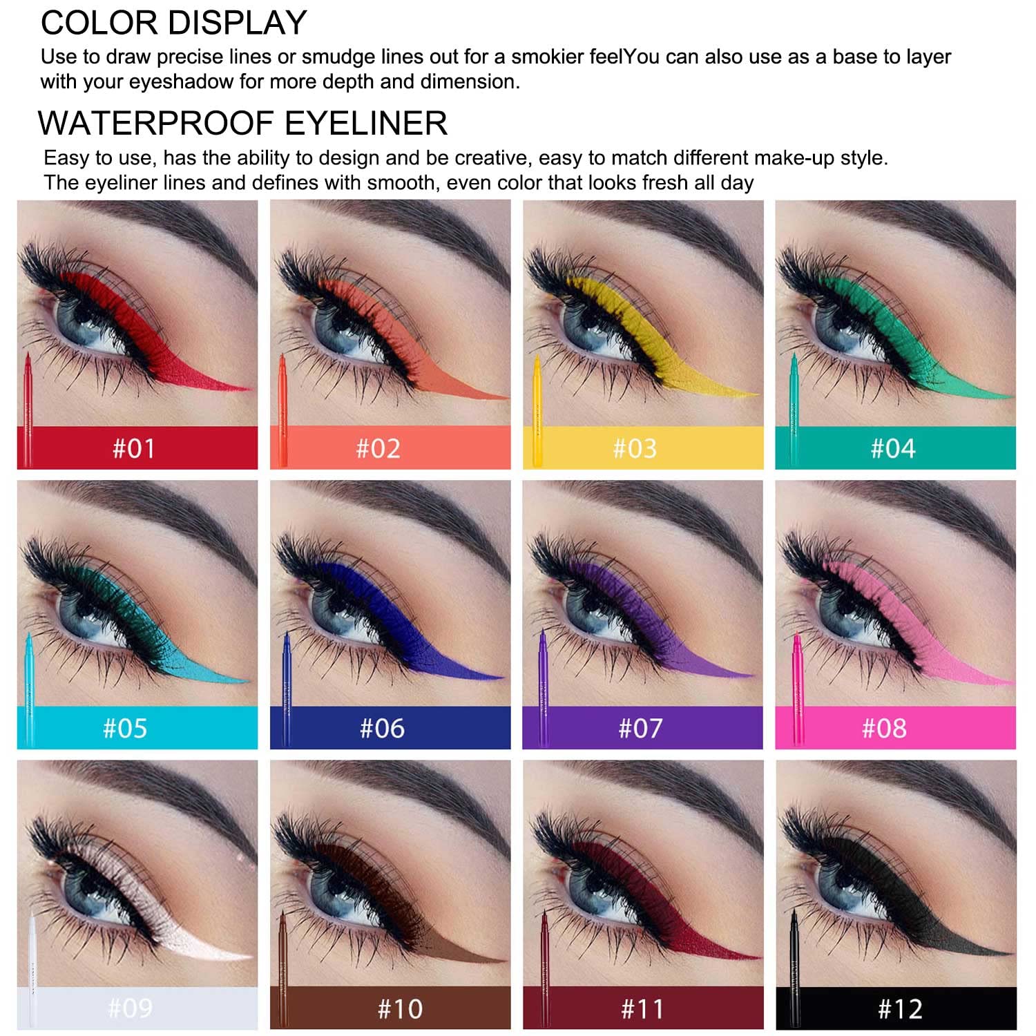 12 Colors Eyeliner Pen Set, Matte Liquid Eyeliner Kit Metallic Eyeliner Pencil Smudgeproof Eyeliner for Women Eye&Lip Neon Liner Professional Waterproof Eye Makeup Colorful Gel Eyeliner (12PCS)