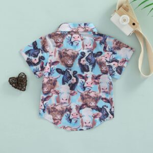 Toddler Kid Baby Boy Button Down Shirt Lapel Neck Short Sleeve Cow Printed T-Shirt Tops Casual Summer Tee 6M-5T (Blue Bull Head, 2-3T)