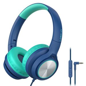 LORELEI E7 Kids Headphones with Microphone,On-Ear Wired Headset for Children/Boys/Girls,85/94dB Safe Volume 3.5mm Audio Jack Tangle-Free for School/iPad/Laptop/Travel (Blue&Green)