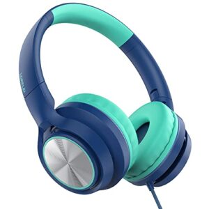 lorelei e7 kids headphones with microphone,on-ear wired headset for children/boys/girls,85/94db safe volume 3.5mm audio jack tangle-free for school/ipad/laptop/travel (blue&green)