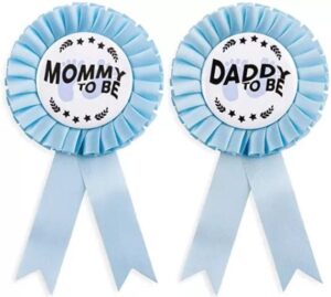 happyland - mom to be & daddy to be tinplate badge pin for welcome baby boy or girl, baby shower button new dad gift gender reveals party baby blue rosette button baby celebration mom gifts (new