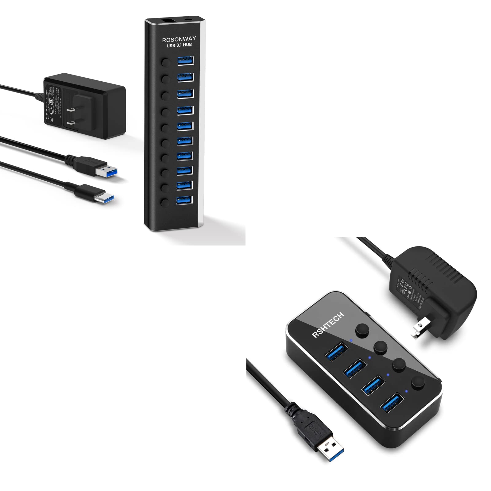 Rosonway 10 Port USB 3.1 Hub 10Gbps + RSHTECH 4 Port Powered USB 3.0 Hub