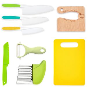 8 pieces wooden kids kitchen knifes for real cooking include plastic toddler knife, wood kids safe knives, potato slicers, serrated edges cooking knife, y peeler, cutting board (crocodile)