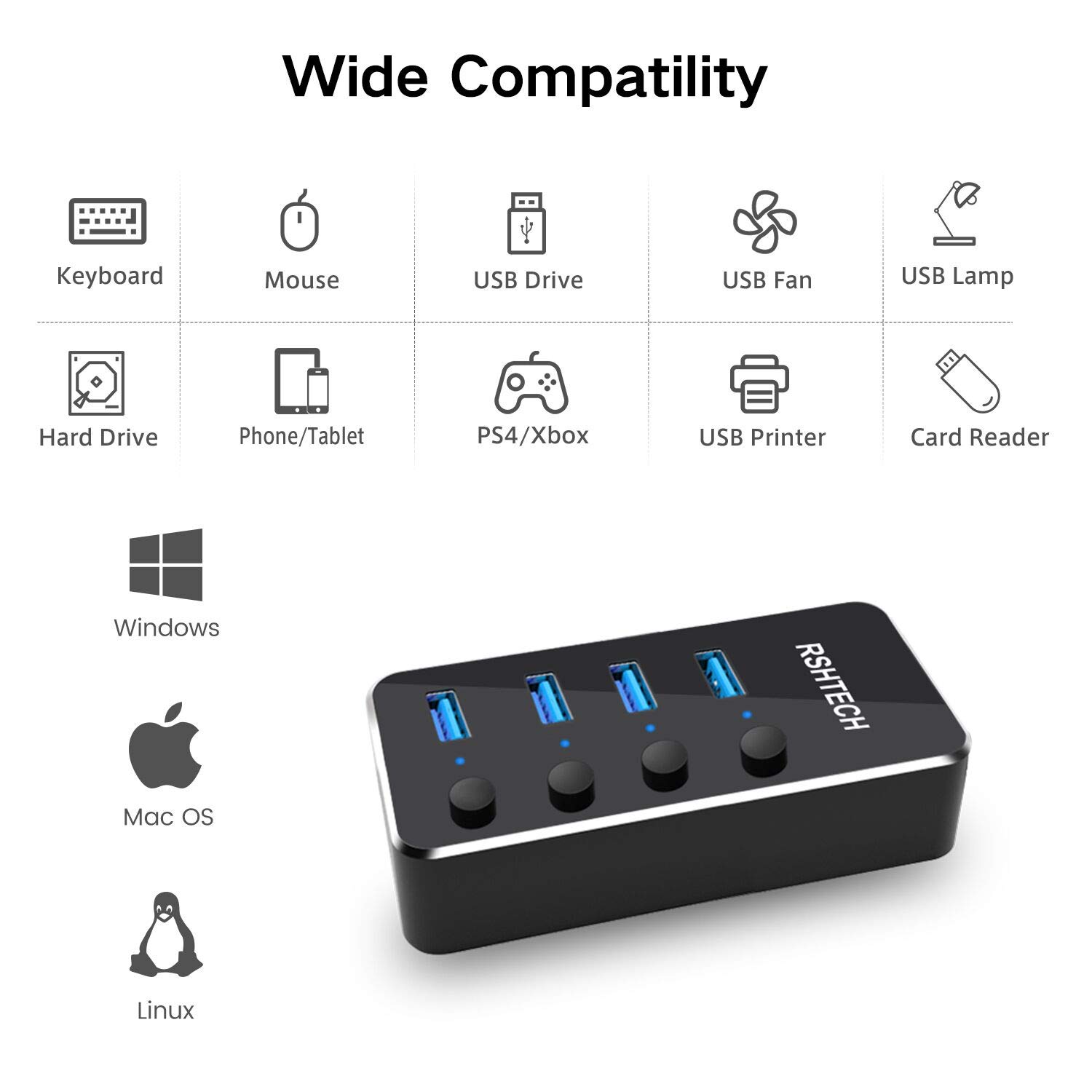 Rosonway 10 Port USB 3.1 Hub 10Gbps + RSHTECH 4 Port Powered USB 3.0 Hub