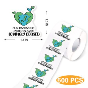 Cute Our Packaging Materials are Lovingly Reused Small Business Stickers,Recycle Reused Box Stickers, Recycling Labels,Packaging Sticker, Package Stickers for Small Business, 500 PCS