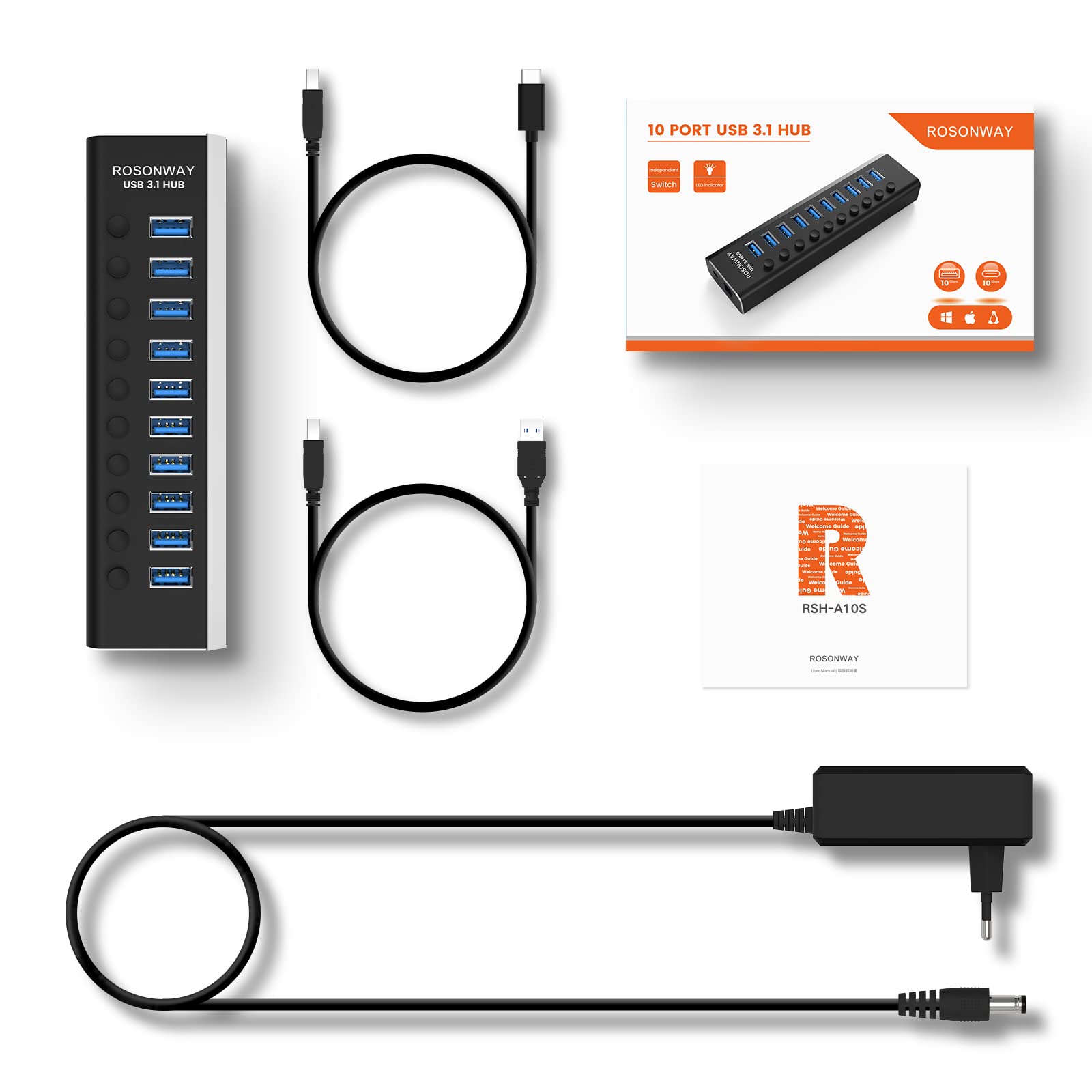 Rosonway 10 Port USB 3.1 Hub 10Gbps + RSHTECH 4 Port Powered USB 3.0 Hub