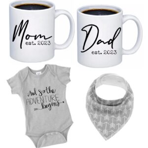 Pregnancy Gift Est 2023-New Parents Gifts-Mommy and Daddy Est 2023 11 oz Mug Set -"And So The Adventure Begins" Romper (0-3M)-Top Mom and Dad Gift Set for New Parents to Be-Gender Reveal