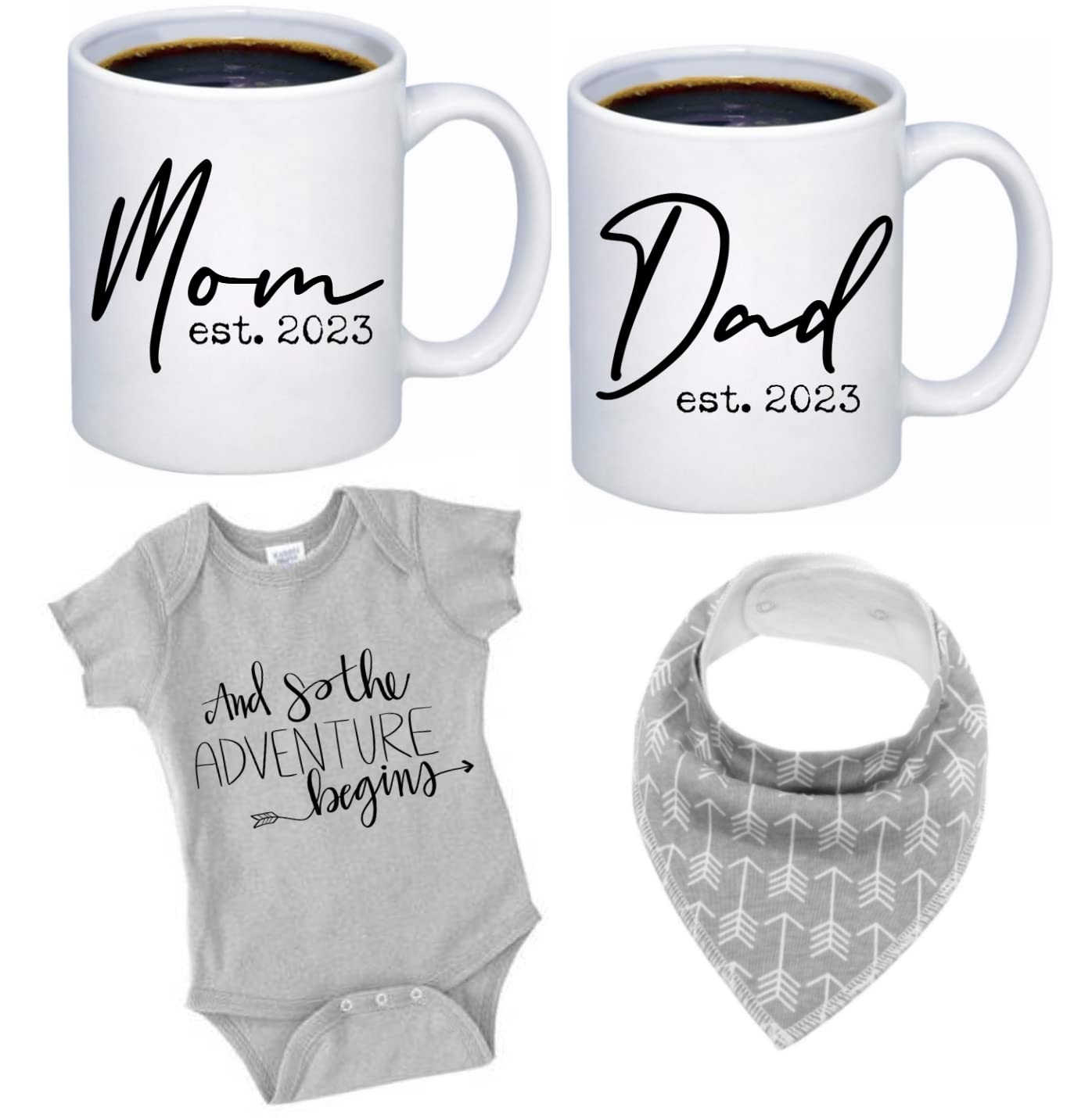 Pregnancy Gift Est 2023-New Parents Gifts-Mommy and Daddy Est 2023 11 oz Mug Set -"And So The Adventure Begins" Romper (0-3M)-Top Mom and Dad Gift Set for New Parents to Be-Gender Reveal