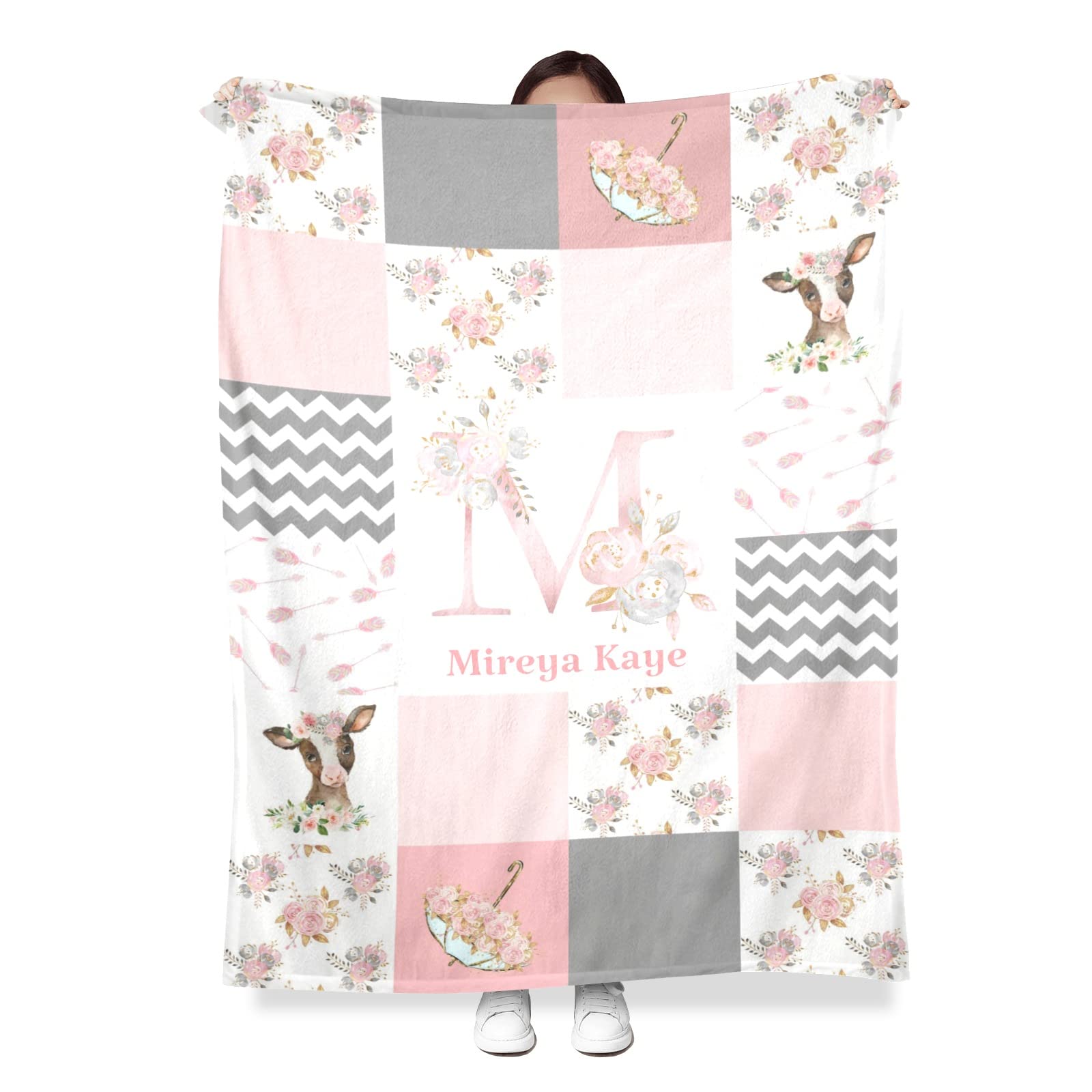 Personalized Baby Blanket - Soft Pink Flower Farm Cow Monogram Custom Blanket - Baby Shower Toddler Nursery Bed Swaddle Blankets Stroller Crib 30x40 in