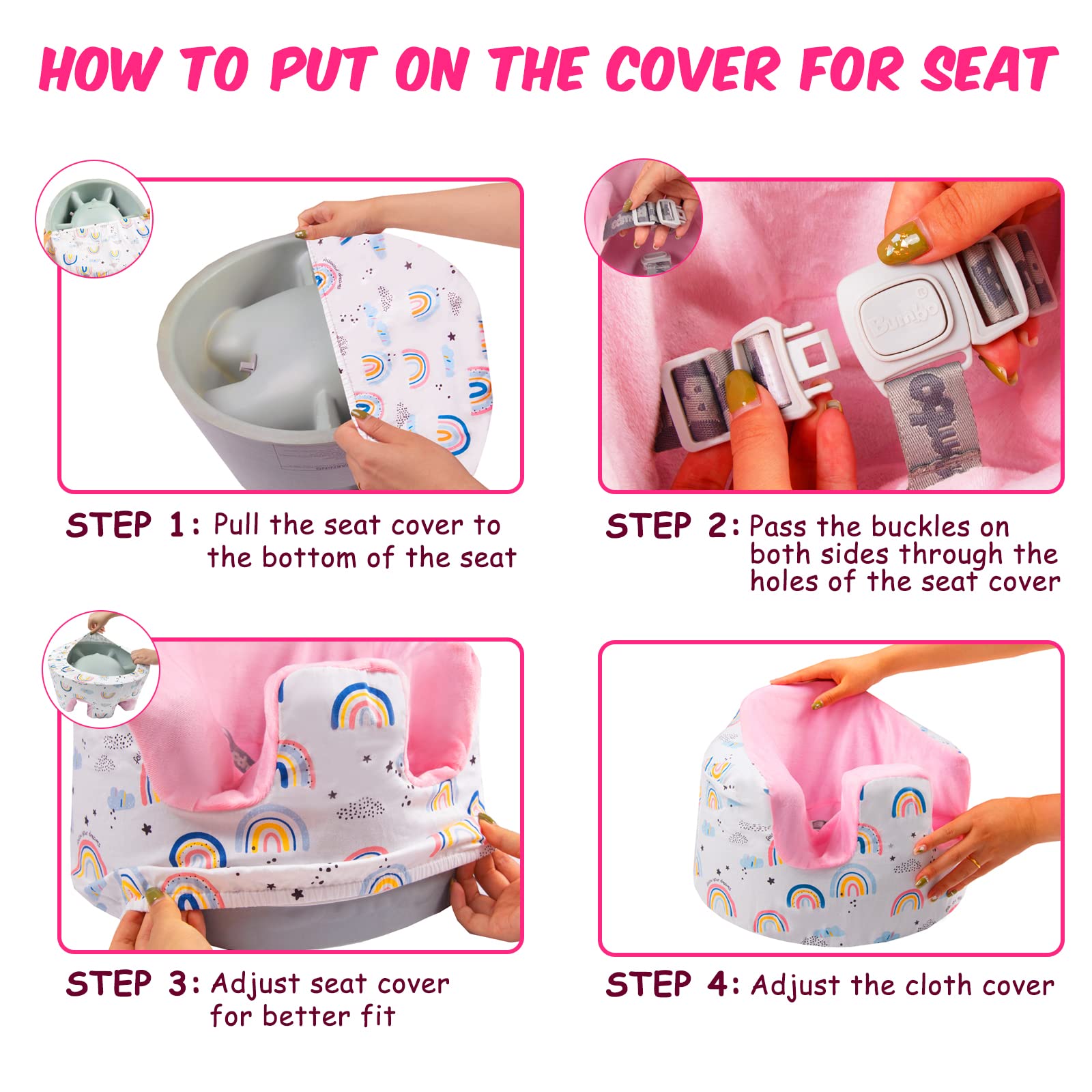 SMTTW Seat Cover Compatible with Bumbo Seat, Summer Cooling Breathable Seat Cover with Portable Hand Belt for Baby Boy Girl (Pink Rainbow)