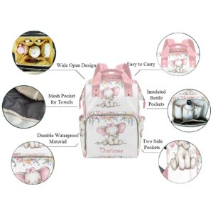 Pink Floral Bow Elephant Girl Personalized Diaper Backpack with Name,Custom Travel DayPack for Nappy Mommy Nursing Baby Bag One Size